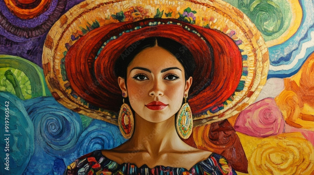Women in colorful hats and traditional attire. The painting style is ...
