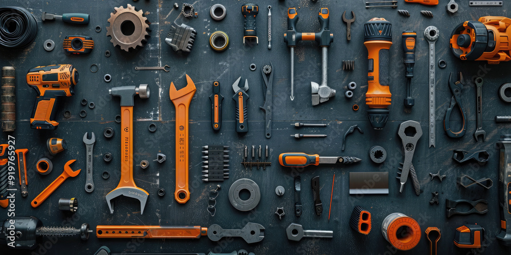 Different construction tools are lying on a dark textured surface ...