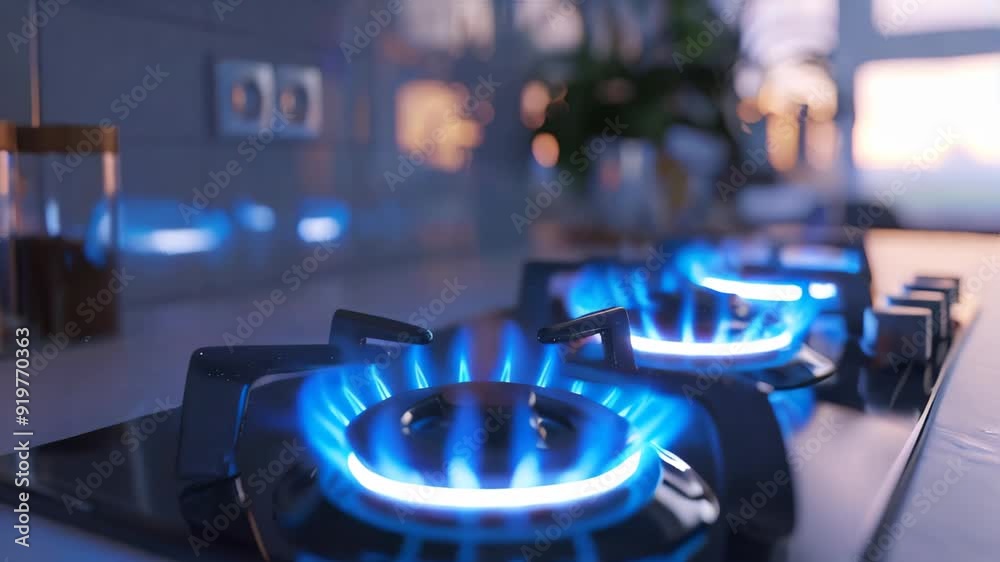 A modern kitchen in 4K UHD with a gas stovetop's burners ignited ...