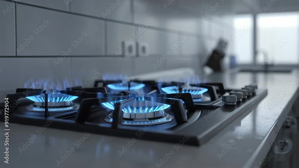 A modern kitchen in 4K UHD with a gas stovetop's burners ignited ...