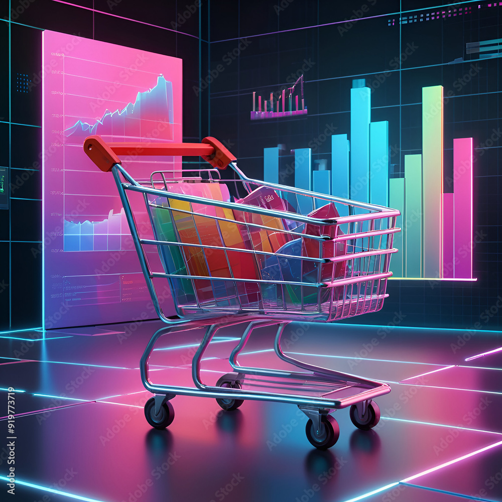 Digital background design futuristic e-commerce metrics with shopping cart for online retail ...