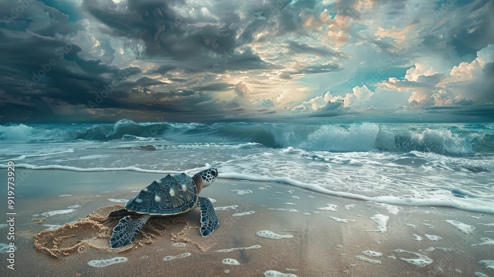little sea turtle on the ocean shore, baby, animal, wildlife, waves ...