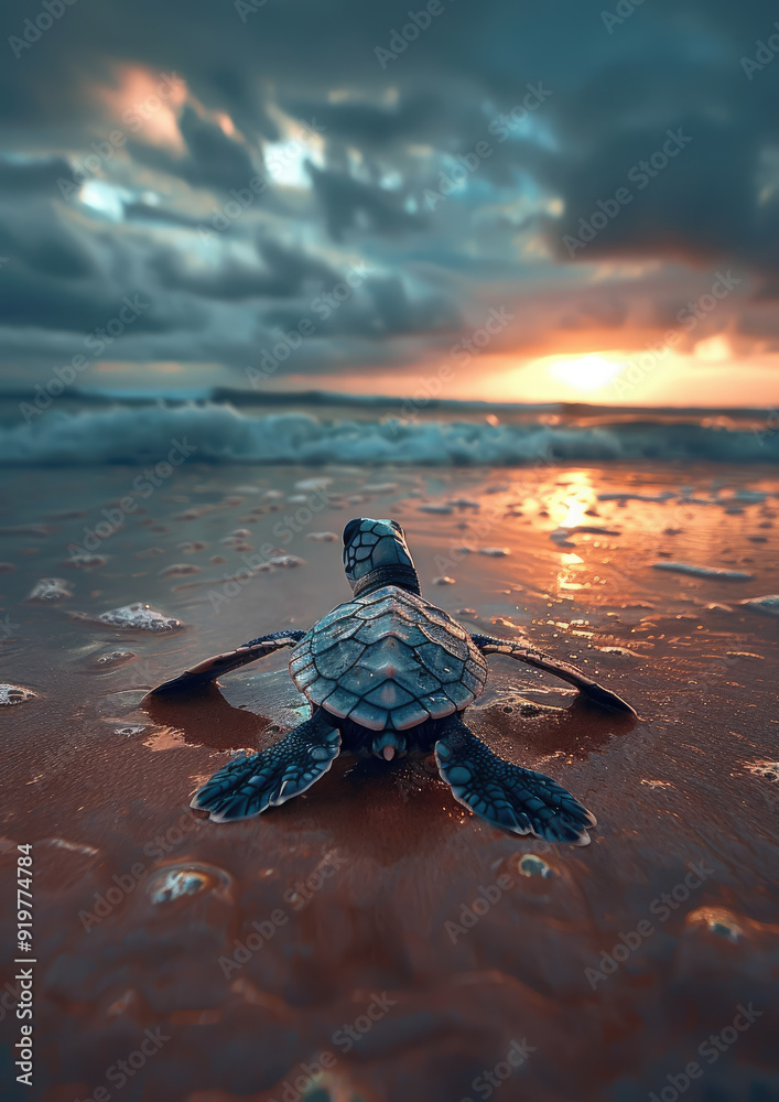 little sea turtle on the ocean shore, baby, animal, wildlife, waves ...