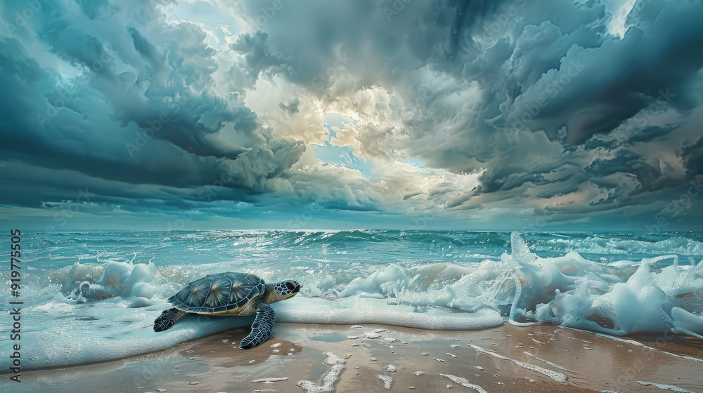 little sea turtle on the ocean shore, baby, animal, wildlife, waves ...