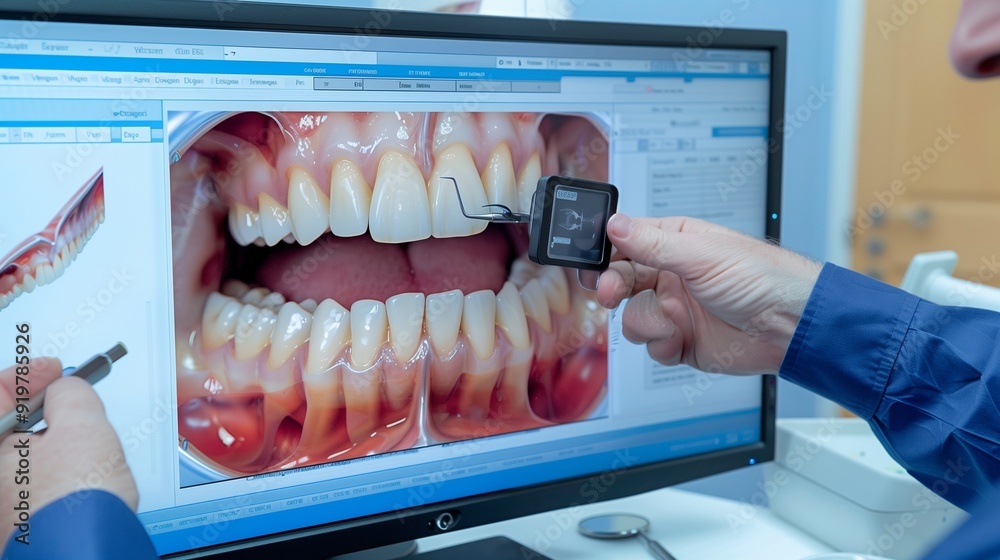 Dentist demonstrating digital images of patient's teeth on a screen ...