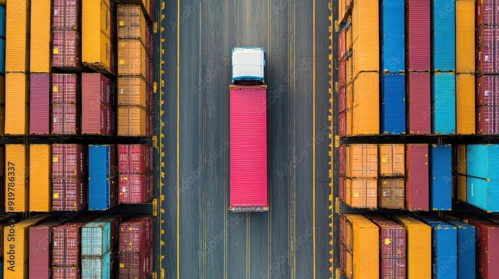 Aerial View of Cargo Containers and Truck at Shipping Yard - Top-down ...