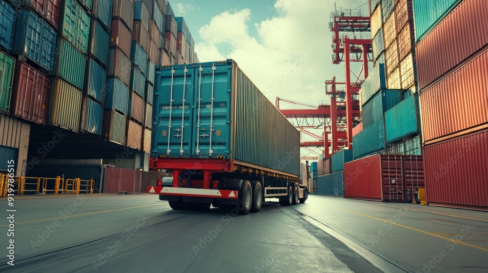 Cargo Truck in Industrial Shipping Yard - A cargo truck transports ...