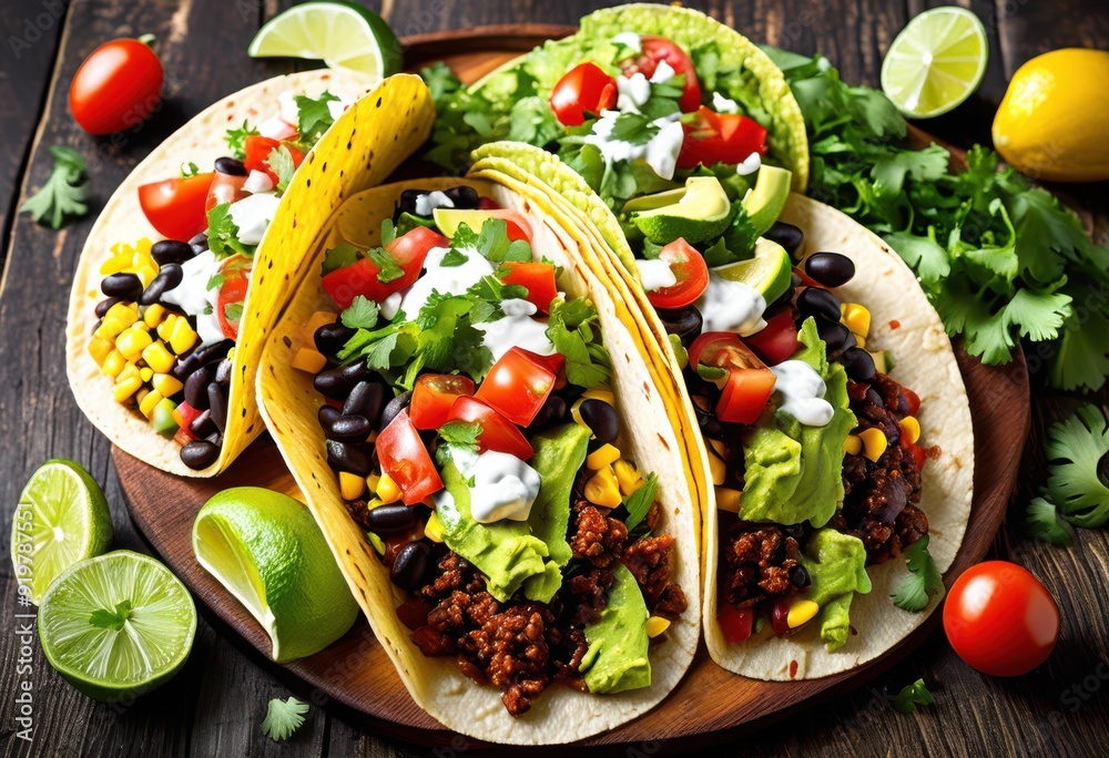 vibrant taco spread featuring colorful toppings varied textures ...