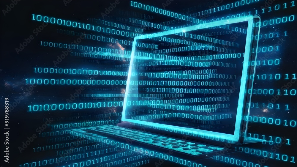 Computer Screen With Blue Digital Binary Data Abstract Background Featuring Blue Digital Binary