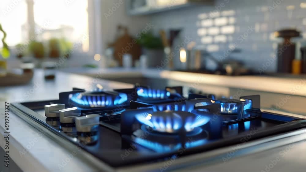 A modern kitchen in 4K UHD with a gas stovetop's burners ignited ...