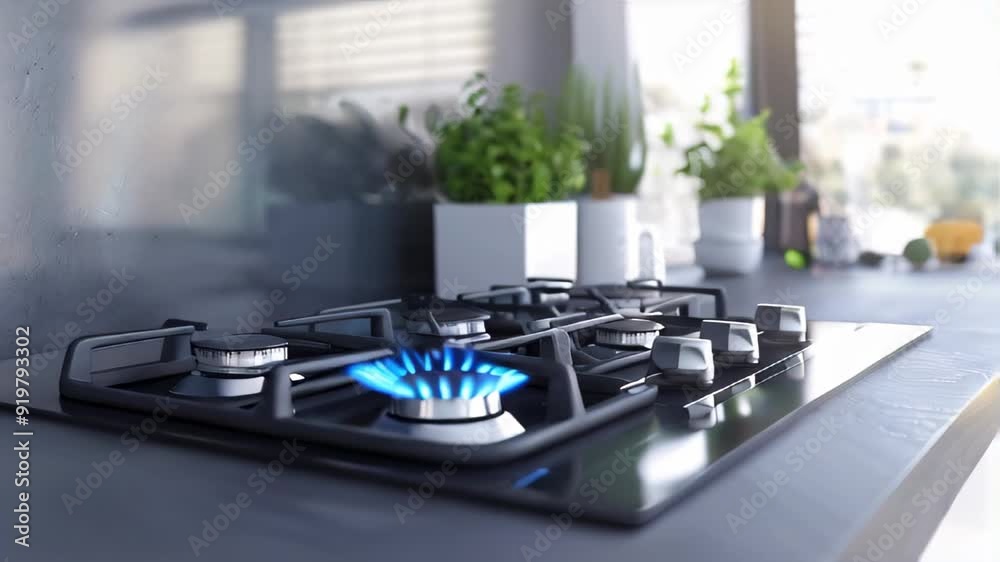 A modern kitchen in 4K UHD with a gas stovetop's burners ignited ...