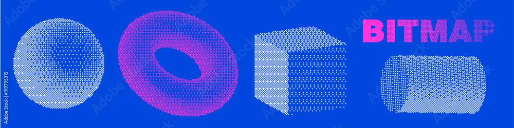 Bitmap pixelated simple 3d shapes set. Dither halftone geometric object ...