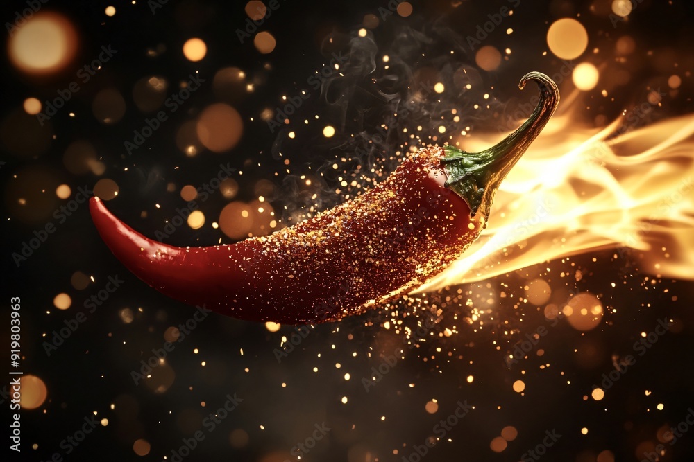 Red hot chilli pepper is burning on fire with gold glitter surrounding ...