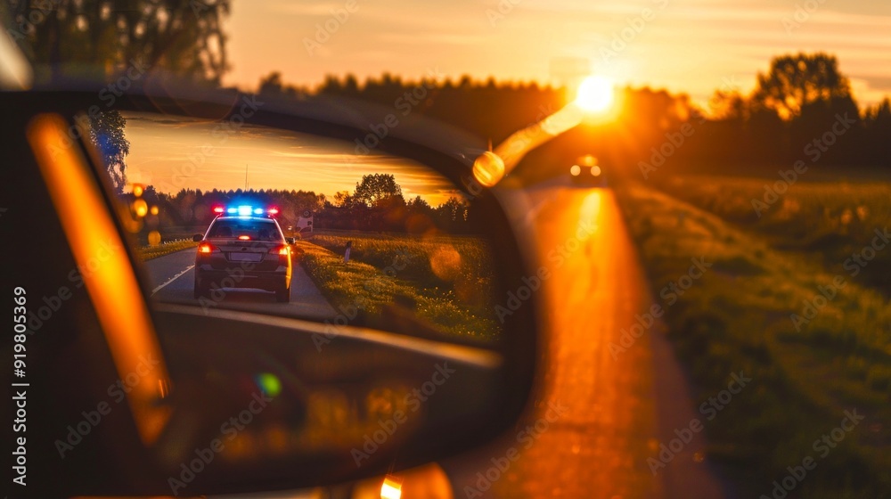 A sunset scene depicting a police car with flashing lights reflected in ...