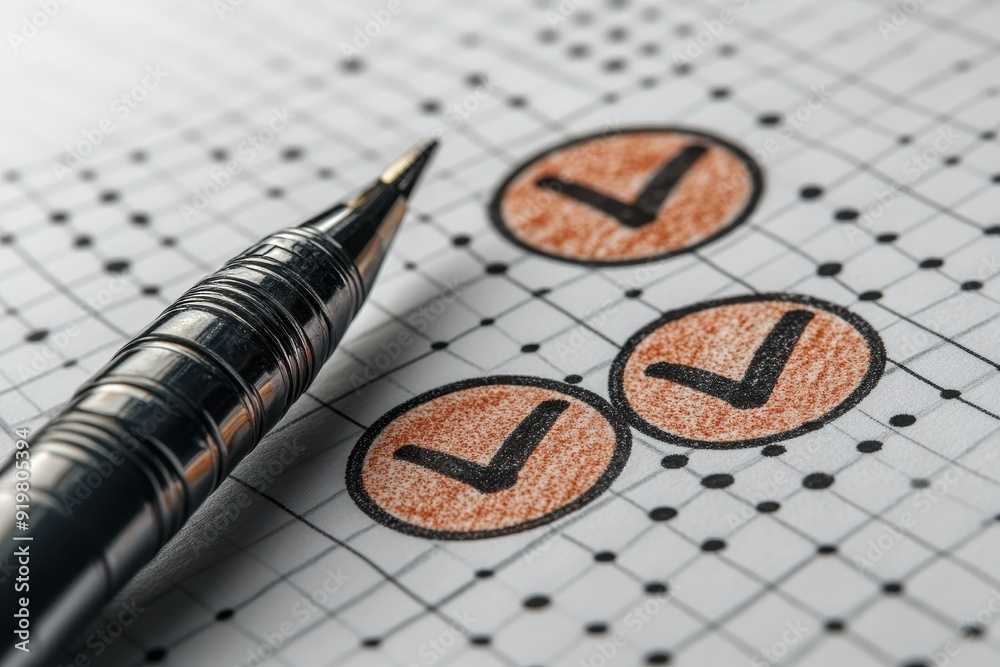 Close-Up of A4 Paper with Red Check Marks and Pen on White Background ...
