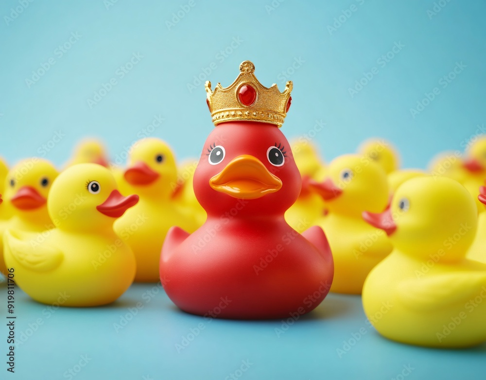 Red rubber duck with crown standing out among yellow ducks. Stock ...