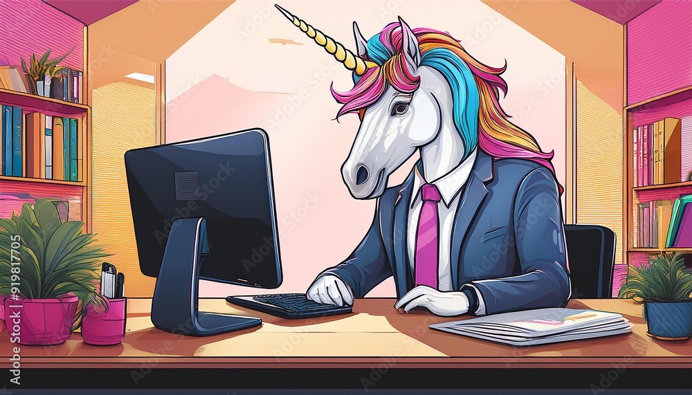 Office Unicorn- An illustrated whimsical scene of a unicorn working at ...