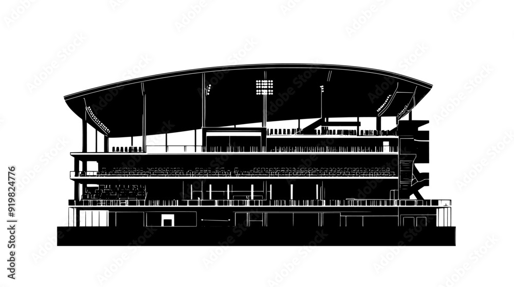 Cross-section of a stadium, detailing seating areas, concession stands ...