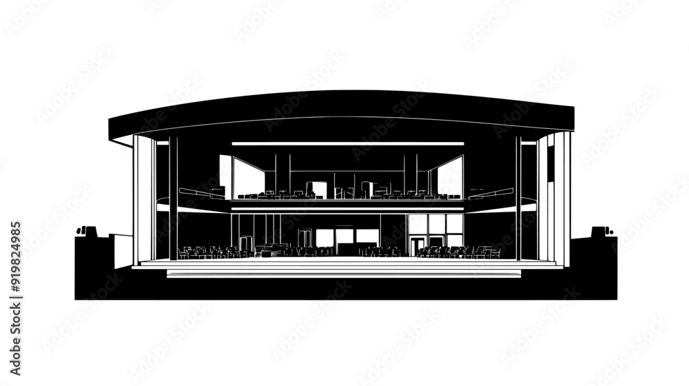 Cutaway of a theater, depicting the stage, audience seating, and ...