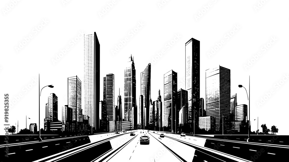 Financial district with skyscrapers of varying heights, a wide avenue ...
