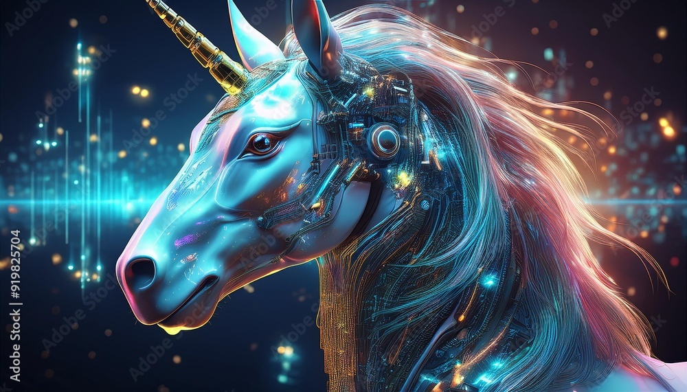 Unicorns and Technology- A futuristic unicorn with digital or ...