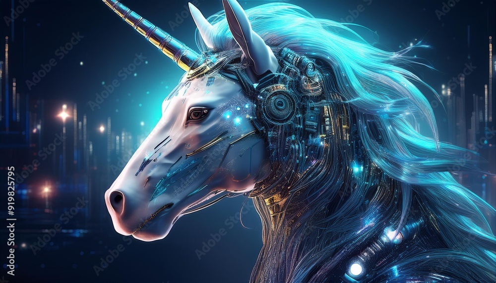 Unicorns and Technology- A futuristic unicorn with digital or cybernetic elements, representing ...