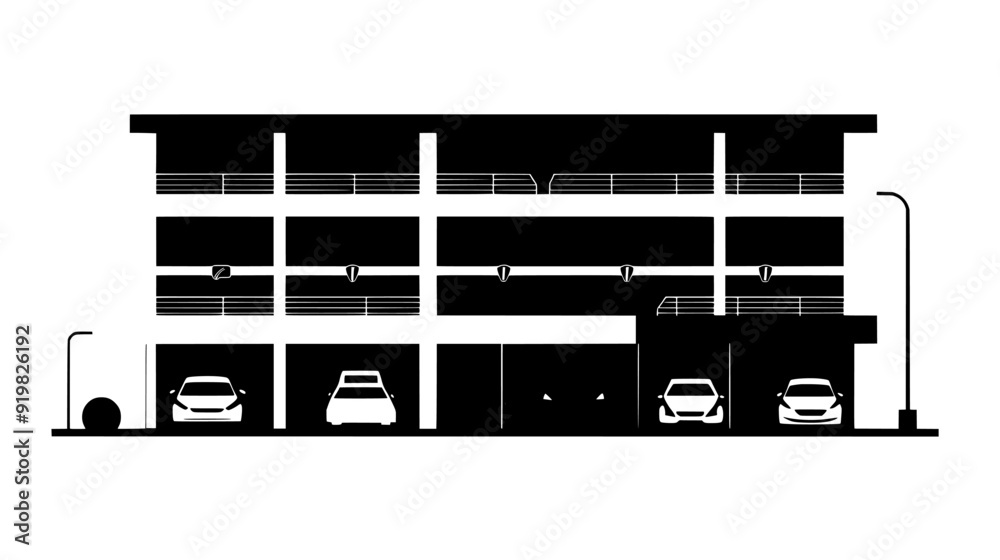 Multi-level parking structure with clearly defined entry and exit ramps ...