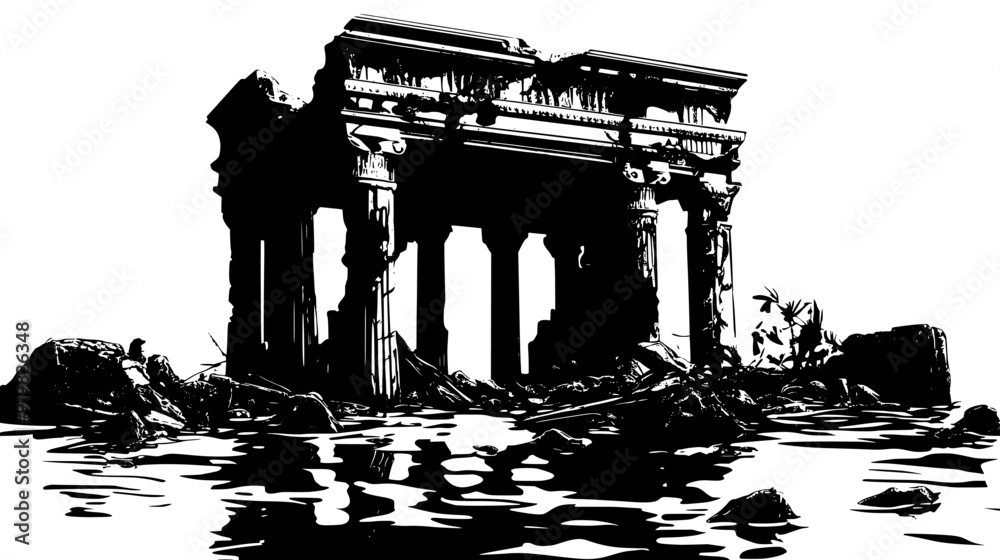 Partially submerged ancient temple with broken columns and eroded ...