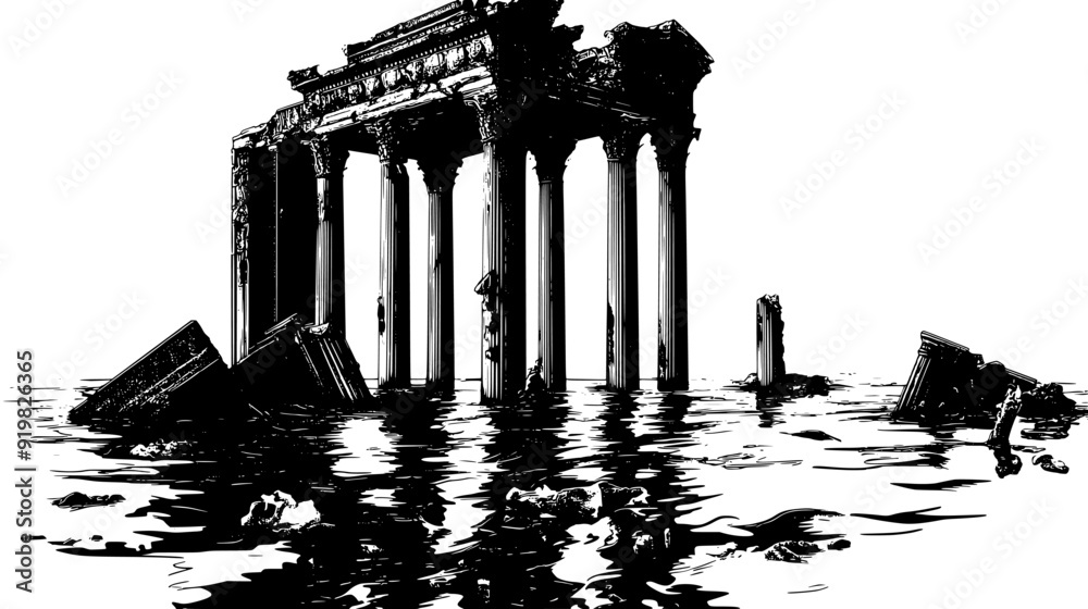 Partially submerged ancient temple with broken columns and eroded ...