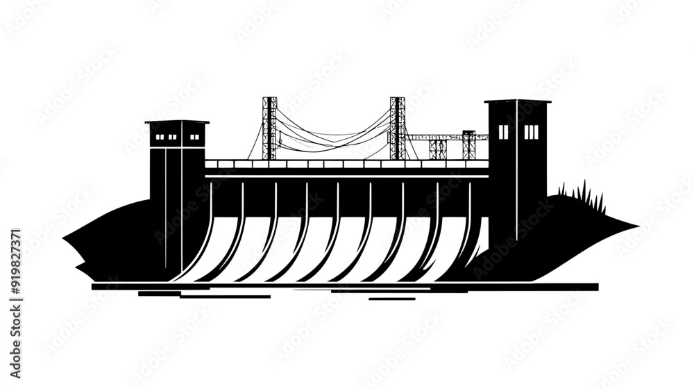 Water reservoir with a dam structure, spillway, and adjacent control ...