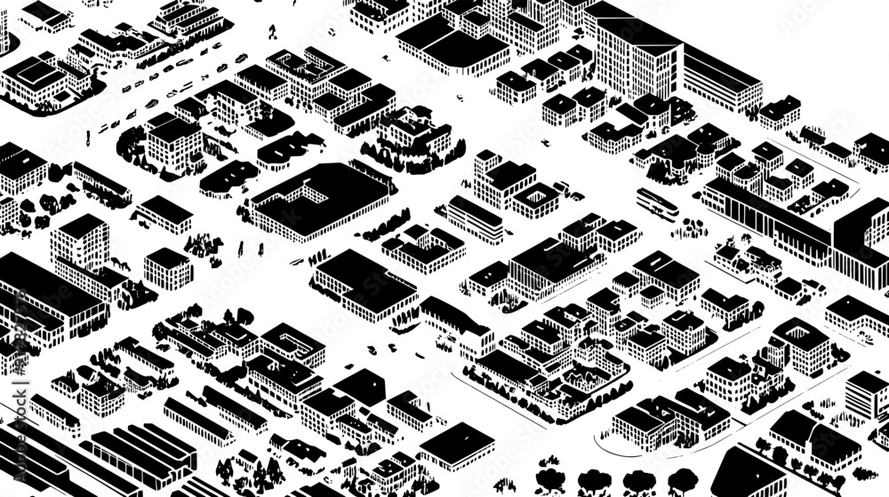 An aerial perspective of a city with grid-like streets, parks, and ...