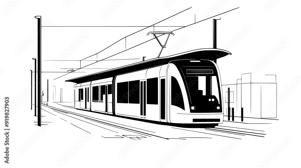 Urban tram system with overhead wires, tracks in the roadway, and ...