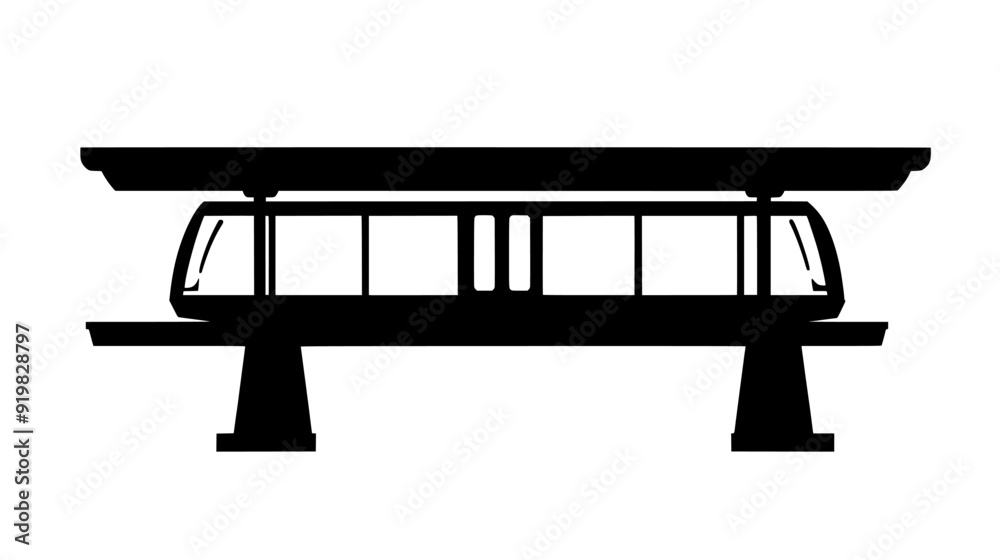 Monorail station with a platform, overhead track, structural supports ...