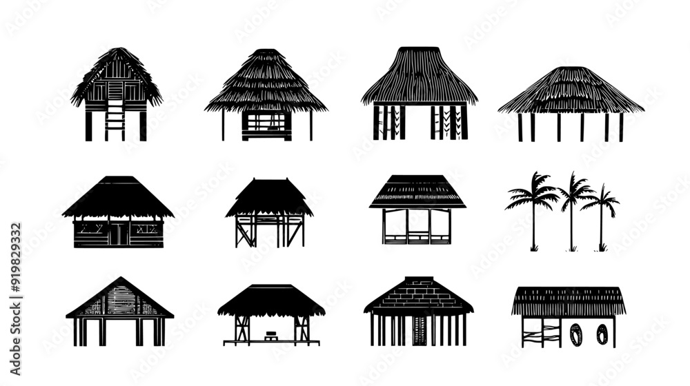 Wood and thatch structures positioned in a grid pattern reflecting ...