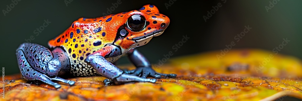 Vibrant Poison Dart Frog perched on a leaf in the Amazon rainforest its ...