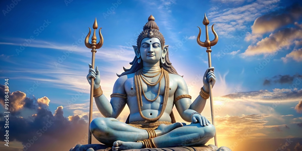 Statue of Hindu god Shiva in lotus pose with trident, third eye, and ...