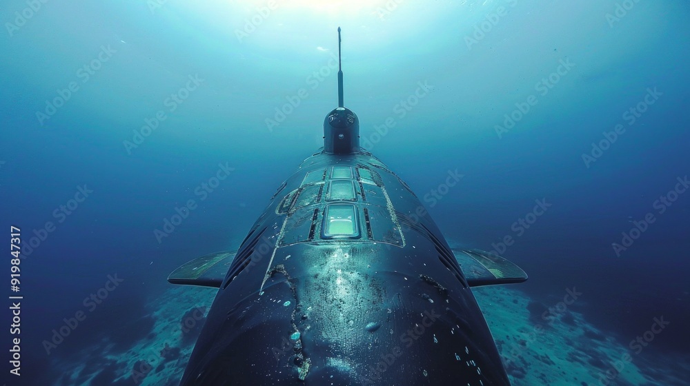 Underwater view of a military submarine navigating the deep blue ocean ...