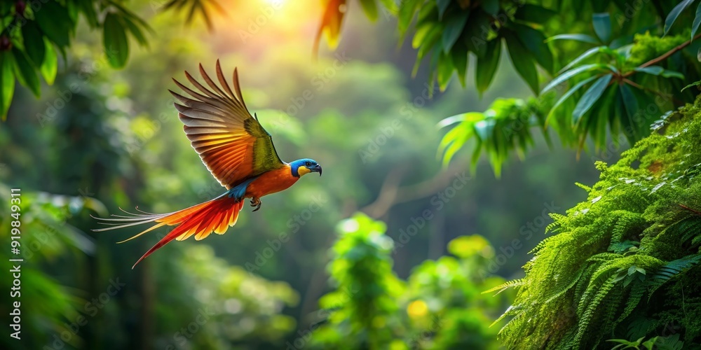 Bird gracefully flying through dense jungle canopy, bird, flying ...