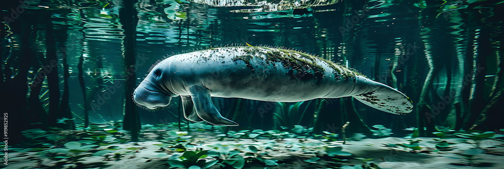 Amazonian Manatee gliding through calm waters of Amazon River ...