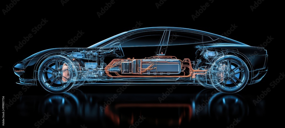 Electric car cross-section showcasing internal components such as the ...