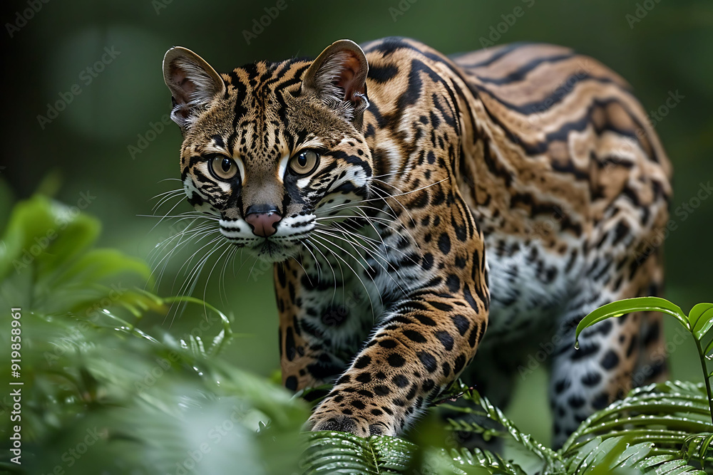 Ocelot Leopardus pardalis stealthily moving through the Amazon jungle ...