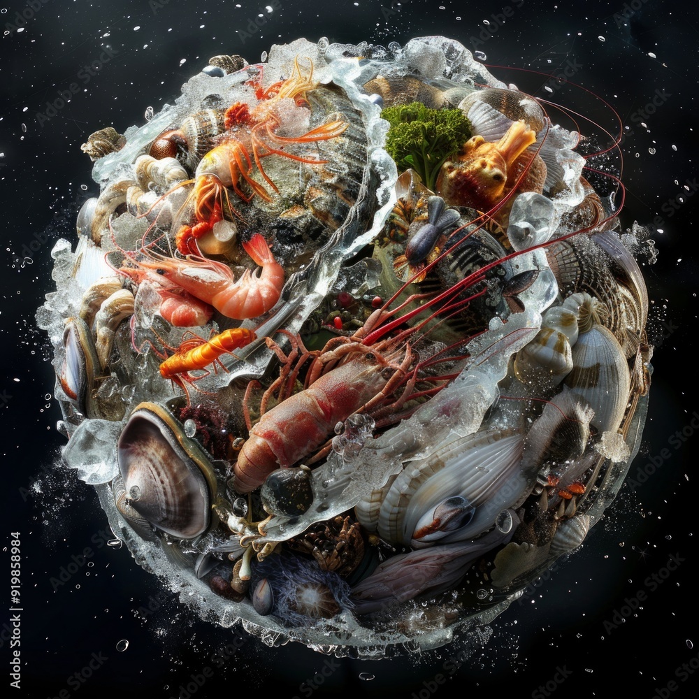 Intricate seafood globe with an assortment of ocean delicacies in high ...