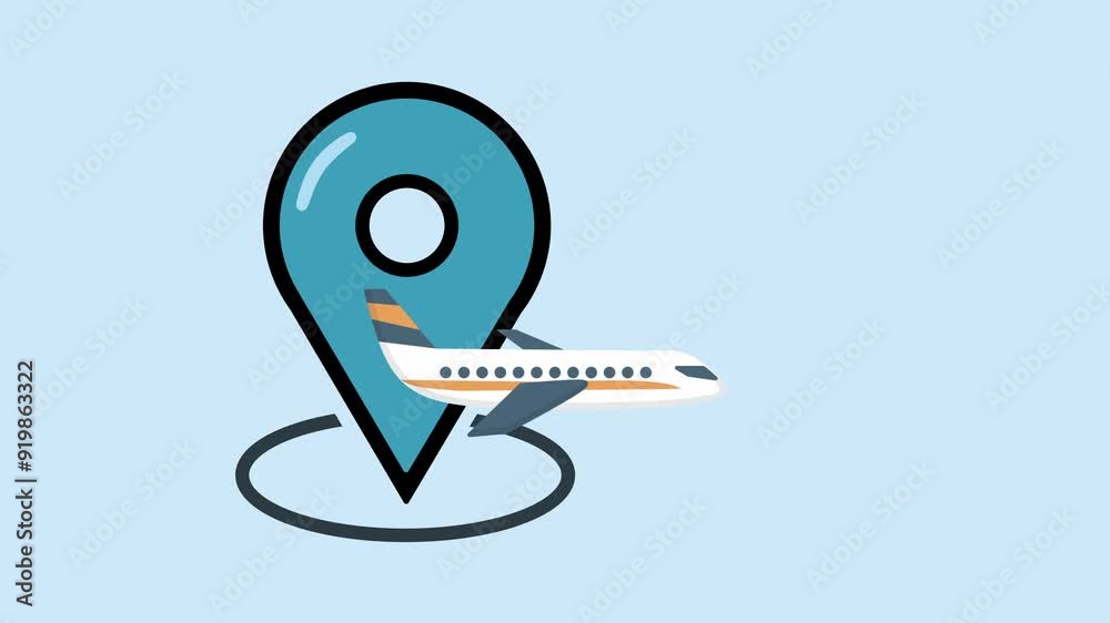 Blue location pin or location indicator forming. Small plane flying ...