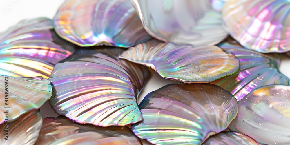A bunch of colorful shells with a rainbow effect. The shells are ...