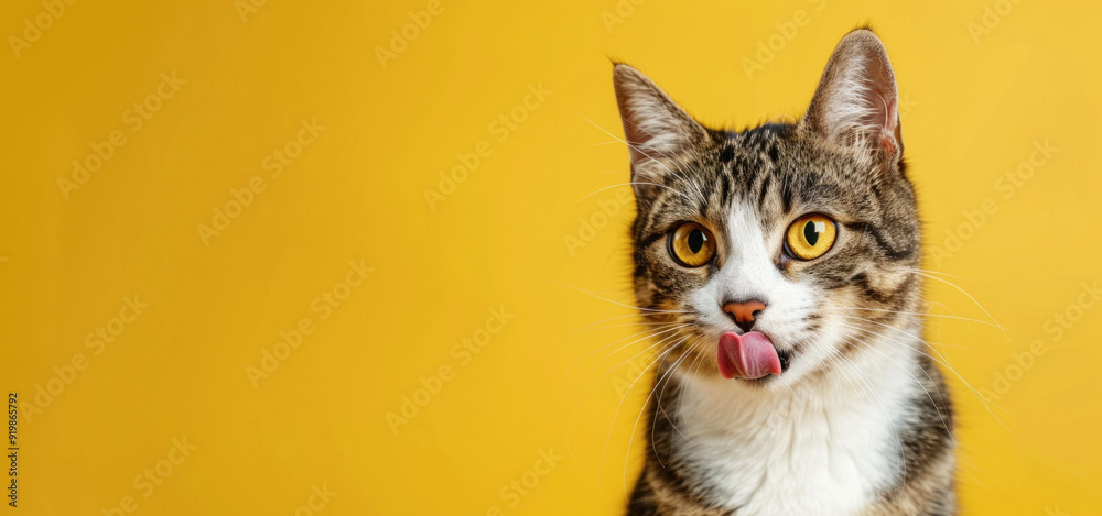 The cat licks itself after eating and looks at the camera. The cat is ...