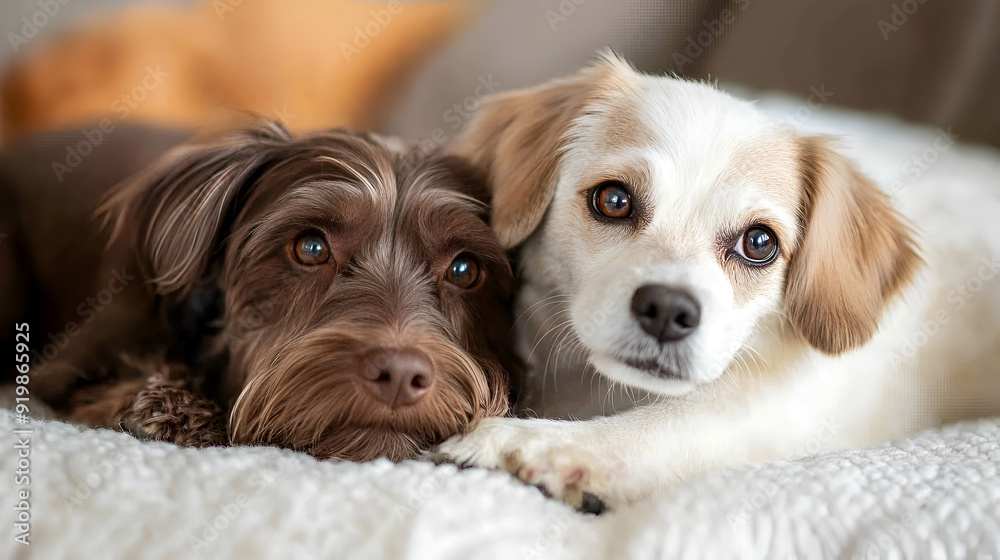 Two dogs of different ages play Two domestic ogs of different ages ...