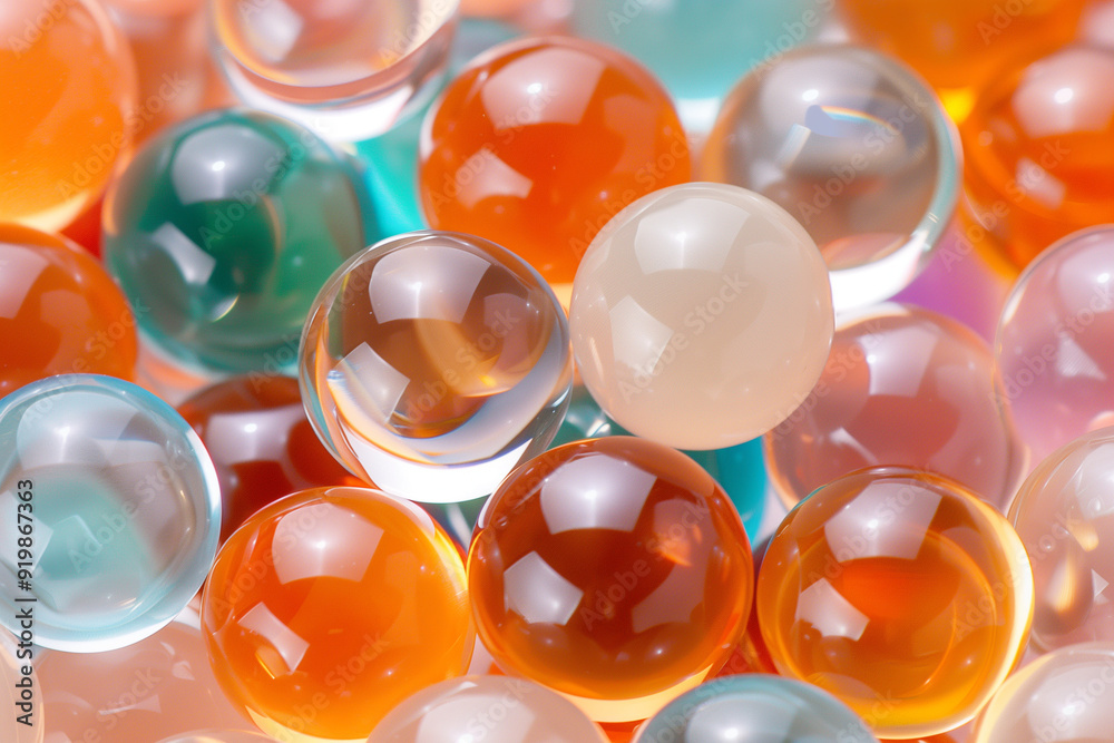 A bunch of colorful glass balls are piled on top of each other. The ...