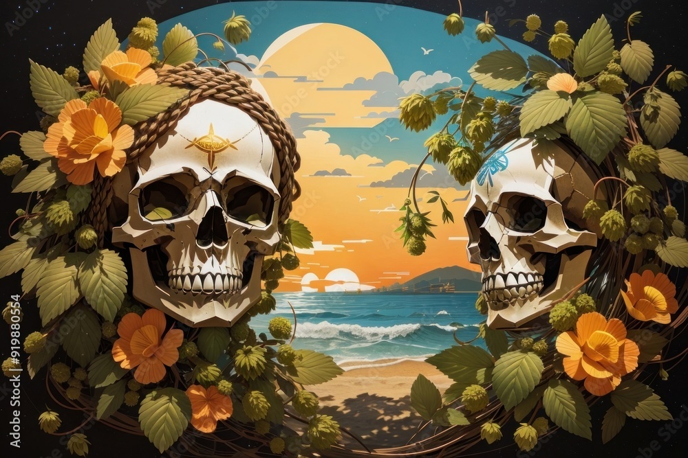 Illustration of human skulls with flowers and leaves, on the beach. The ...