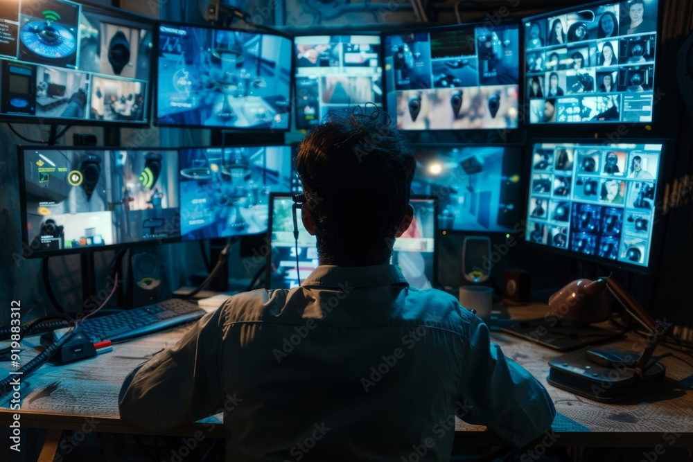 High-Tech Heist Planning: Hacker in Dark Room with Multiple Monitors and Security Camera Footage ...