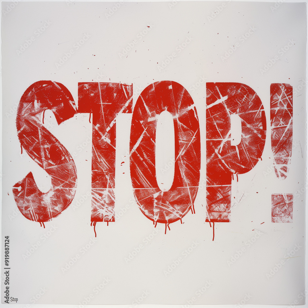 A striking red stamp imprint with the word "Stop" in bold, block ...